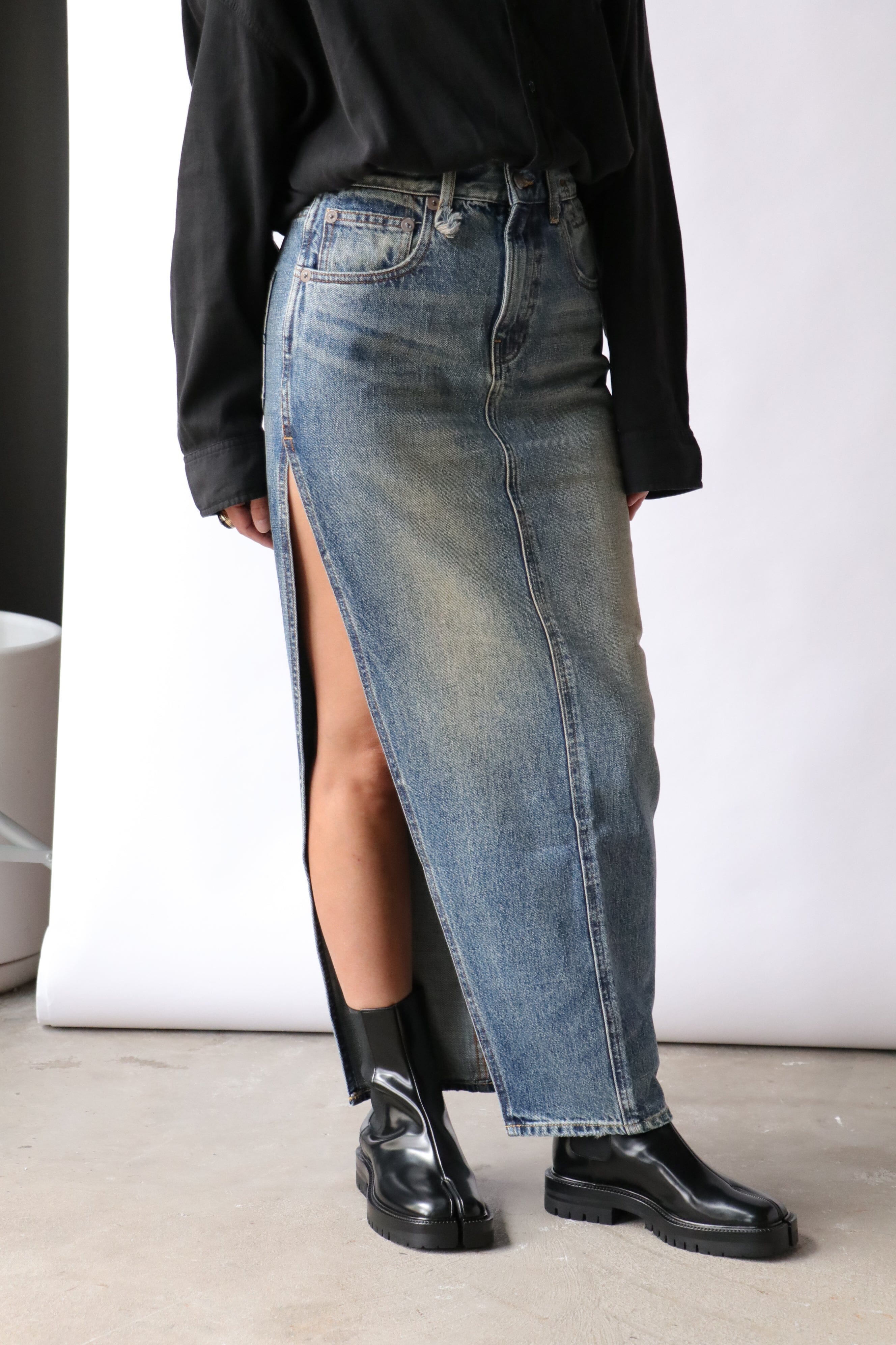 R13 Devon Side Slit Skirt in Barter Indigo | WE ARE ICONIC R13 Devon Side Slit Skirt in Barter Indigo | WE ARE ICONIC